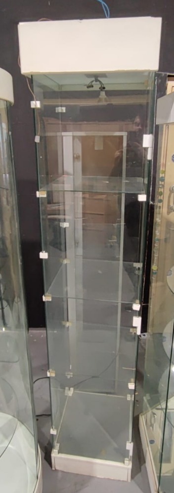 A tall cube display cabinet, with single door.