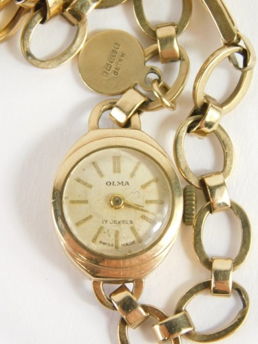 A 9ct gold Olma cocktail watch, with 1cm diameter Roman numeric dial ...