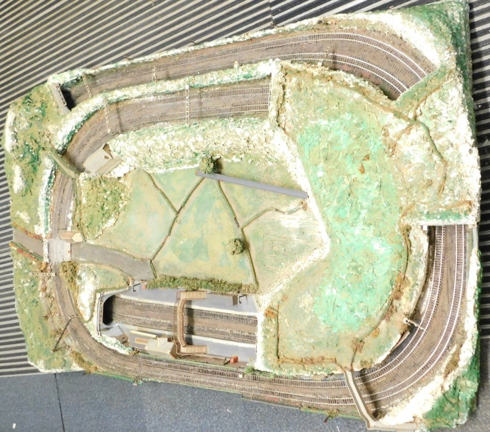 A Scenic Railway layout, with mounted buildings, track and crossings ...