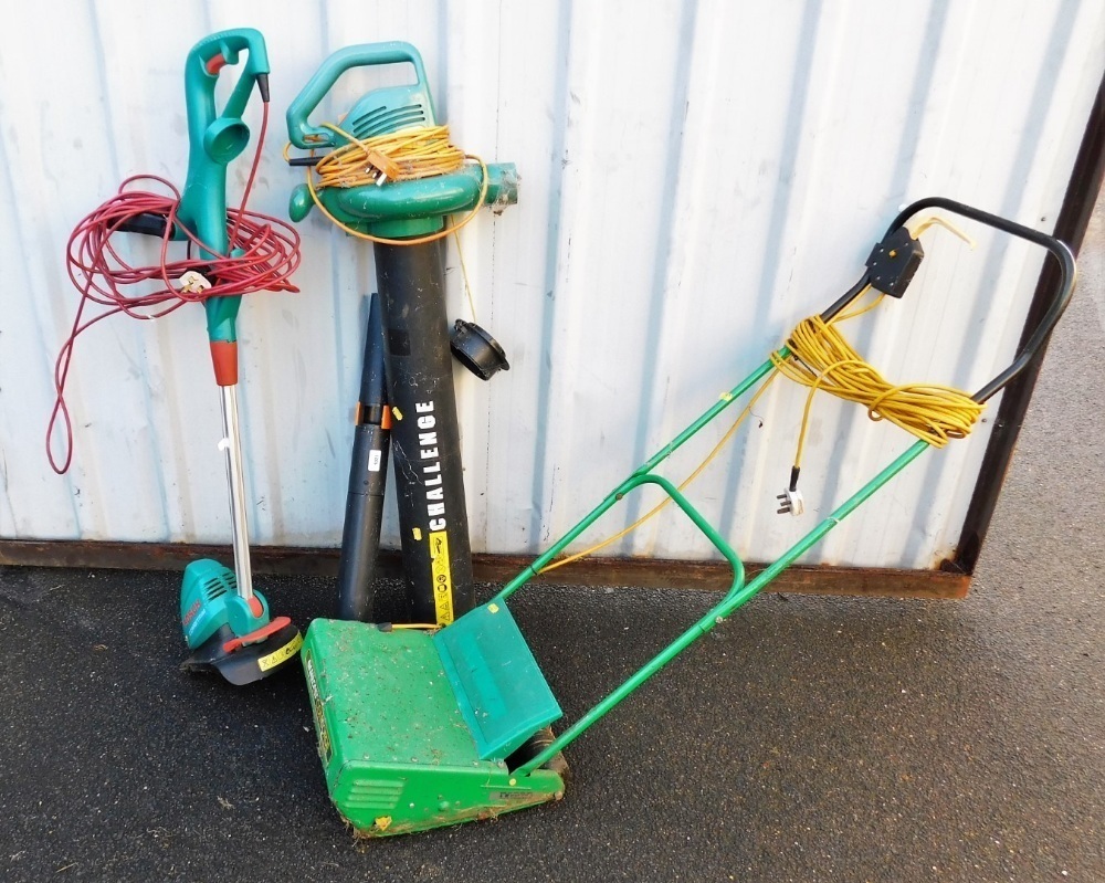 A Bosch strimmer, ART26, a Challenge leaf blower, and a Qualcast ...