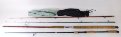 A two piece split cane Al Flectes fishing rod, 302cm long and a further ...