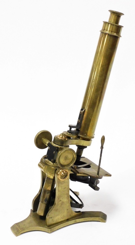 A late 19thC brass bar-limb compound microscope, 40cm high, in mahogany ...