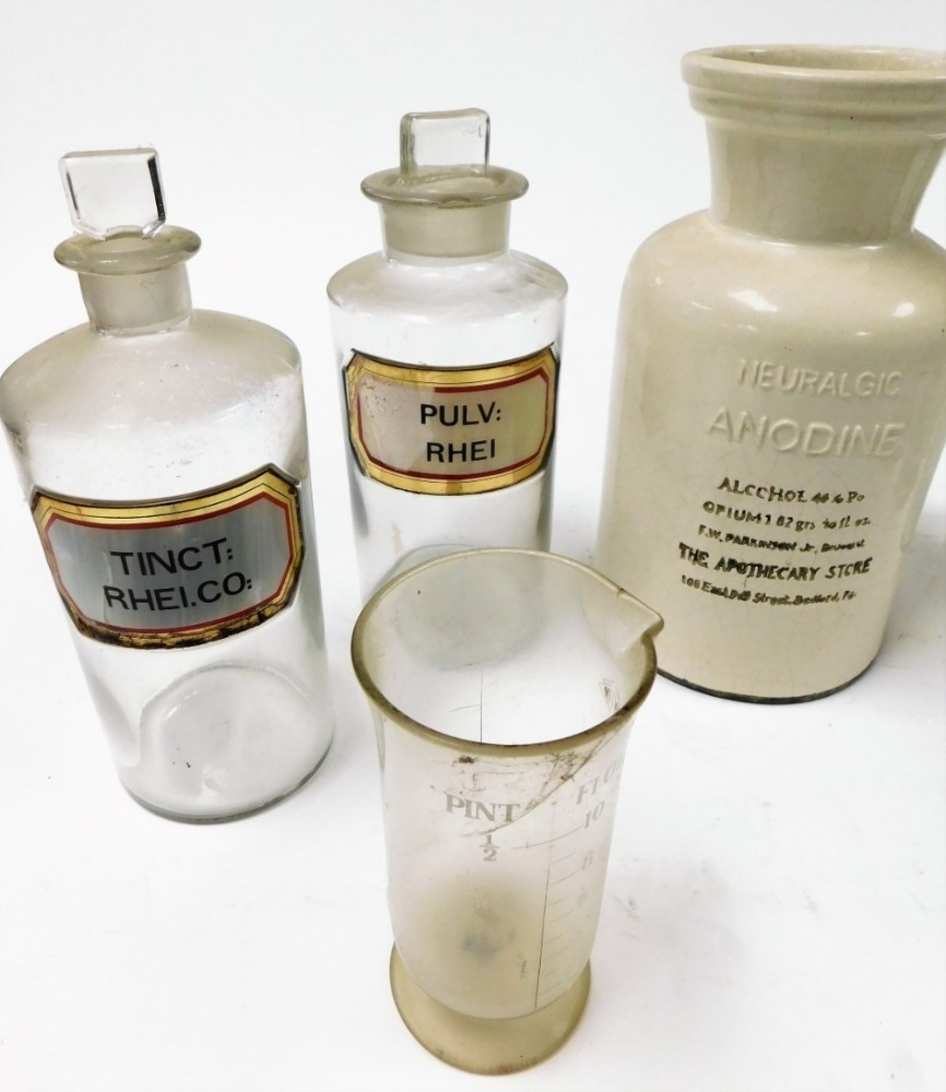 Five vintage glass pharmacist jars, with stoppers, for Bulve; Amyli ...