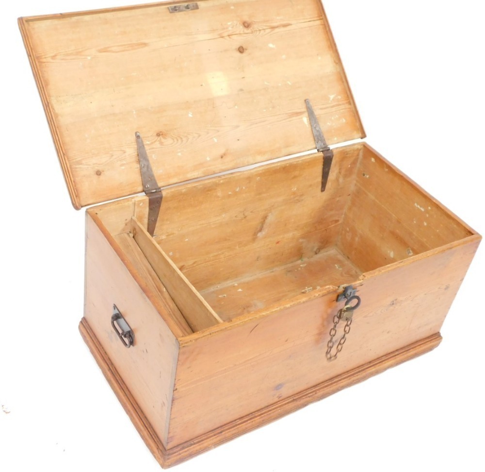 A Victorian pitch pine blanket box, with a moulded border and iron lock ...