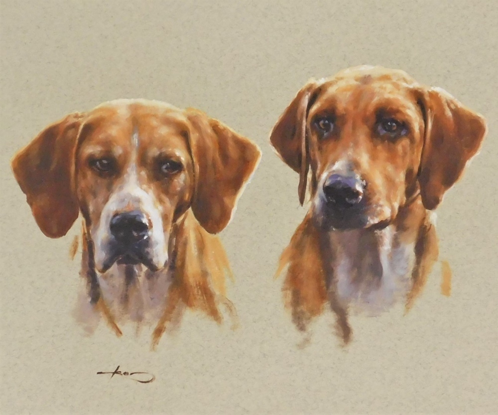 Graham Isom (b.1945). Study of heads of Old English Fox Hounds, pastel ...