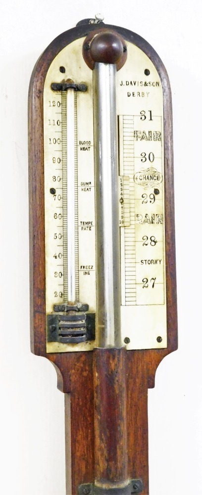 A 19thC oak cased stick barometer by J Davis & Son of Derby, with ...
