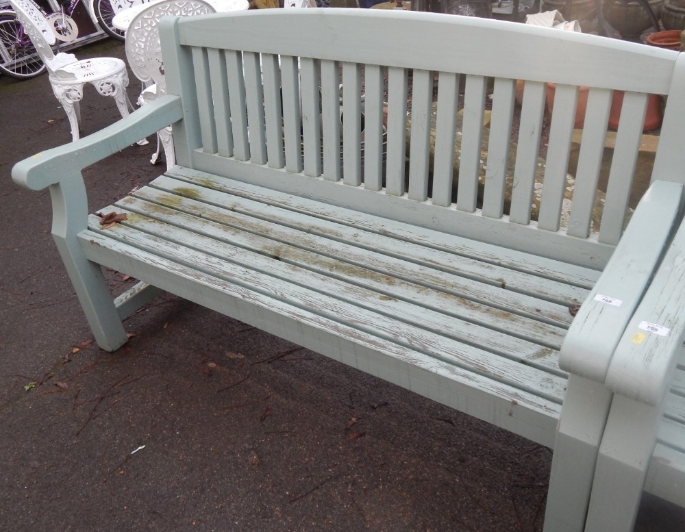 A slatted wooden garden bench, painted in blue, 100cm high, 151cm wide ...